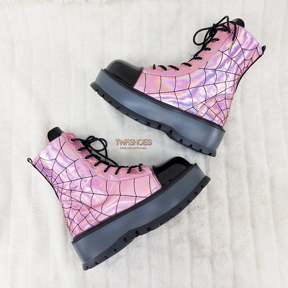 Demonia | Shoes | Pink Hologram Platform Spider Web Ankle Boots Punk ...